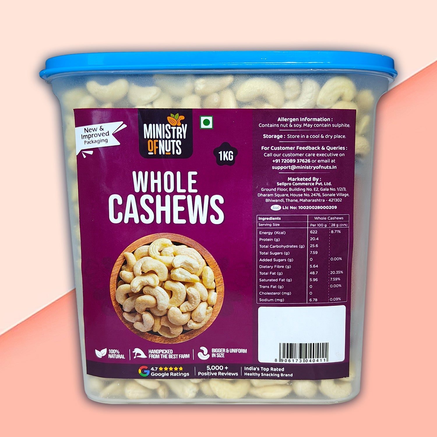 Buy Premium Cashews 1 KG Online. FREE Container & Free Shipping (Kaju ...
